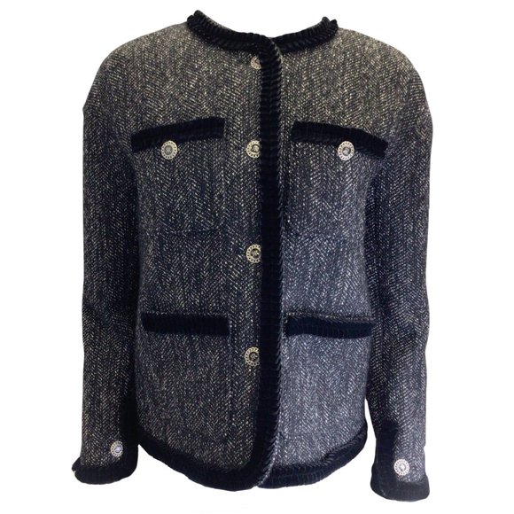 Rokh | Jackets & Coats | Rokh Black White Velvet Trimmed Wool Tweed ...